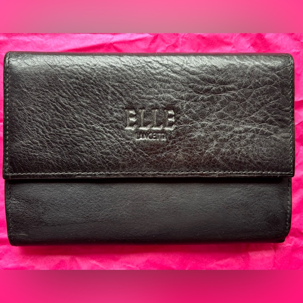Vintage Elle Lancetti Black Leather Trifold Wallet Li… - Gem